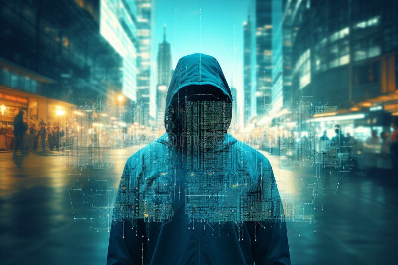 Double Exposure Image of Anonymous Hacker in a Hoodie in the Night in ...