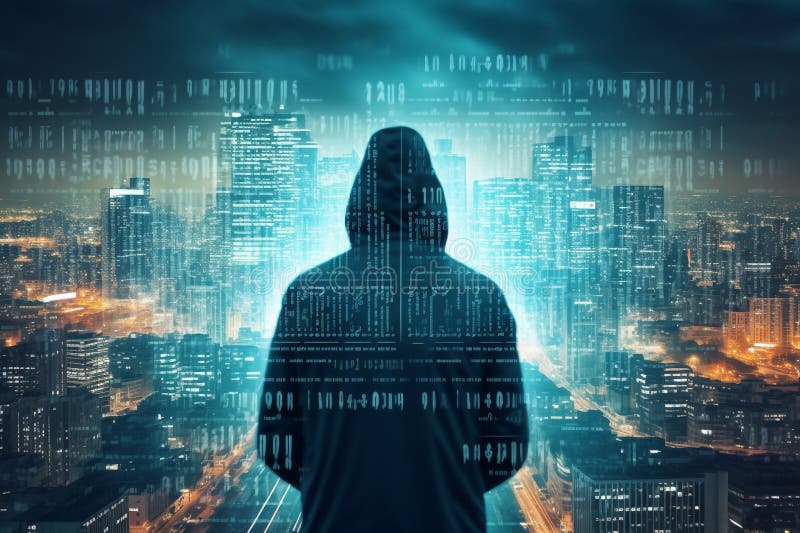 Double Exposure Image of Anonymous Hacker in a Hoodie in the Night in ...