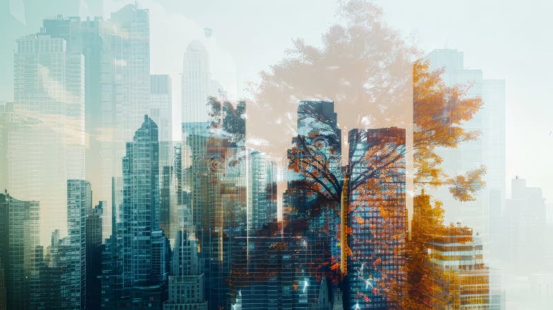 Double Exposure Image Blending City Architecture with Natural Elements ...