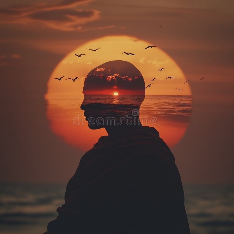 Double Exposure Image of a Burmese Buddhist Monk at Beautiful Sunset ...
