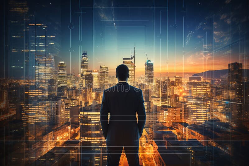 The Double Exposure Image Of The Business Man Standing Back During Sunrise Overlay With