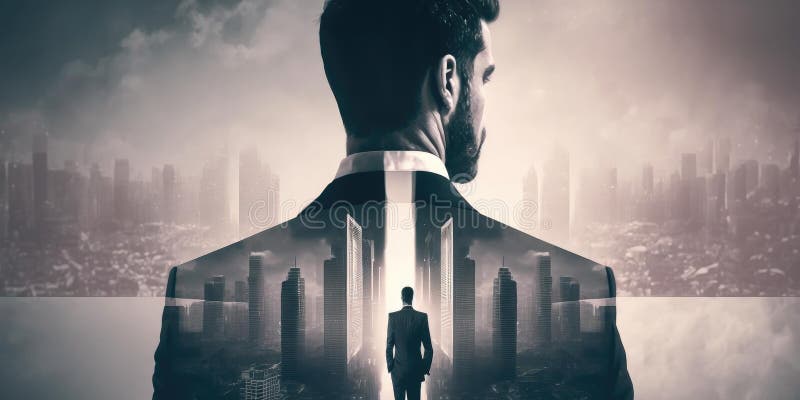 Double Exposure Image of Business Man Standing Back View with Cityscape ...