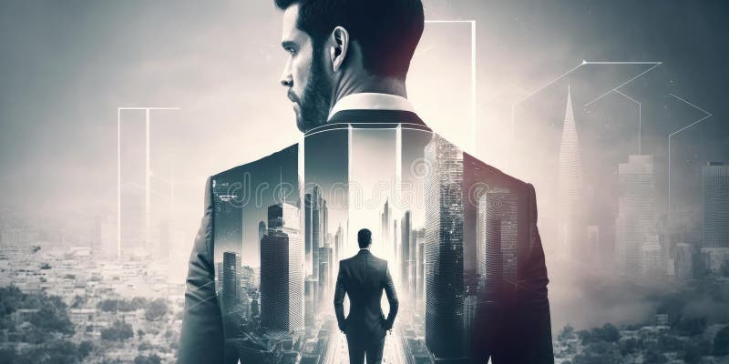 Double Exposure Image of Business Man Standing Back View with Cityscape ...