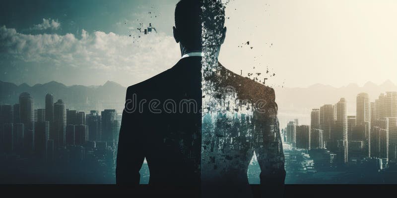 Double Exposure Image of Business Man Standing Back View with Cityscape ...