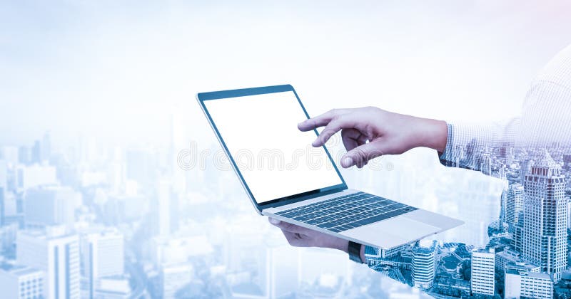 Double Exposure Image of Businessman Use Computer Stock Photo - Image ...