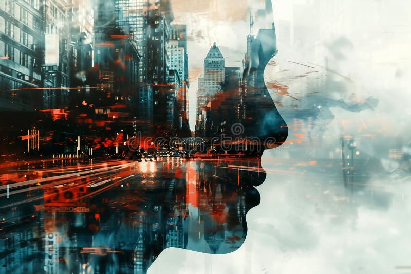 Double Exposure Image of a City at Night with a Human Profile ...