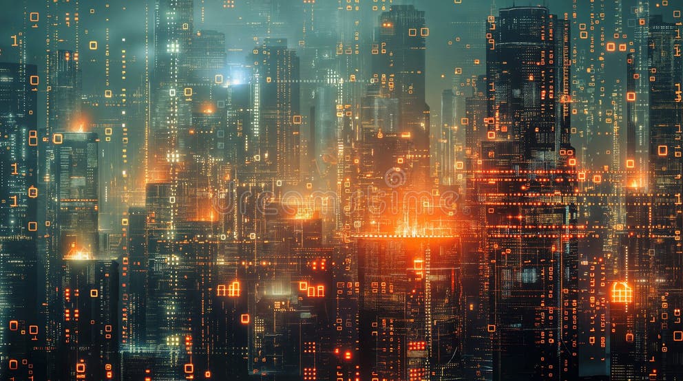 Double Exposure Image of a Cityscape at Night with a Matrix Overlay ...