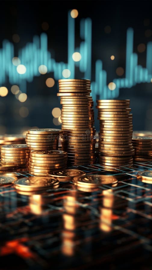 Double Exposure Image of Coin Stacks on Technology Financial Graph ...