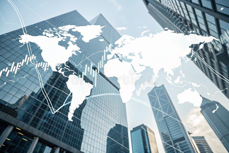 Double Exposure of Financial Graph with World Map on Office Buildings ...