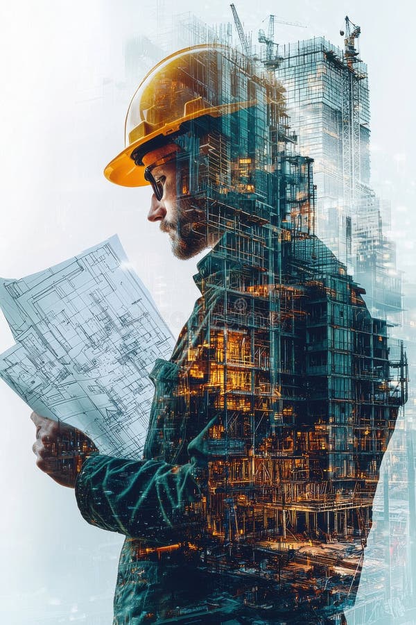 Double Exposure Image of a Construction Engineer Examining Blueprints ...