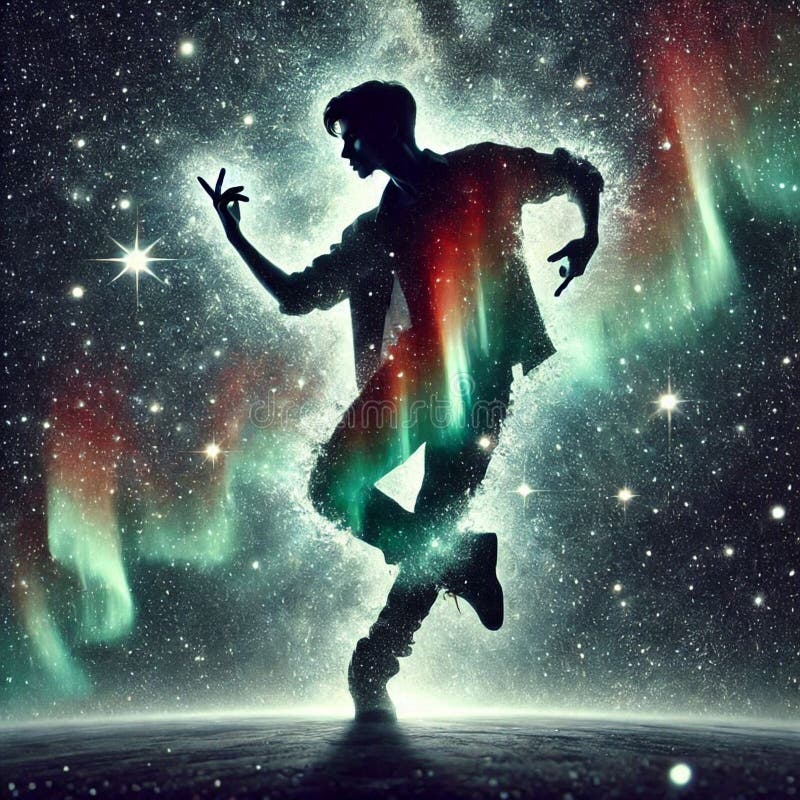 Double Exposure Image of a Dancing Figure in Blended Starry Night Sky ...