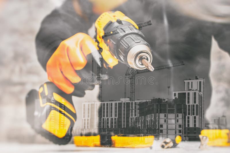 Double Exposure Image with Drill with a Construction Site Featuring ...