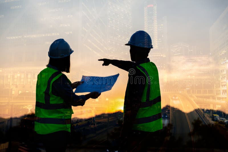 Double Exposure Image of Engineer Civil and Construction Worker with ...