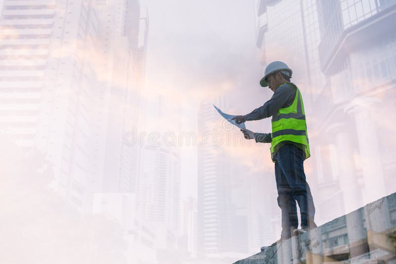 Double Exposure Image of Engineer Civil and Construction Worker with ...