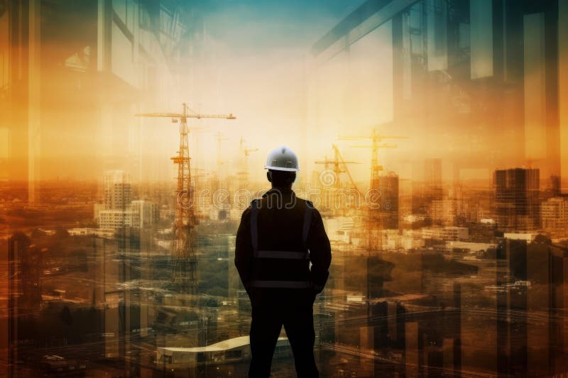 The Double Exposure Image of the Engineer Standing Back during Sunrise ...