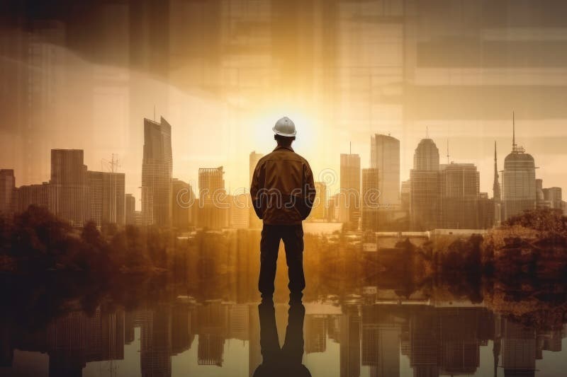 The Double Exposure Image of the Engineer Standing Back during Sunrise ...