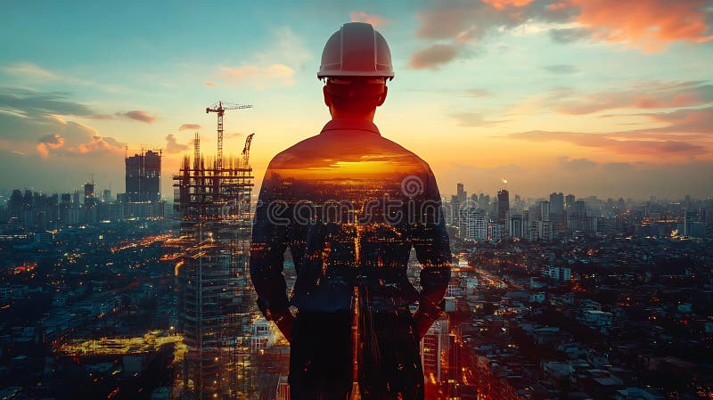 The Double Exposure Image of the Engineer Standing Back during Sunrise ...