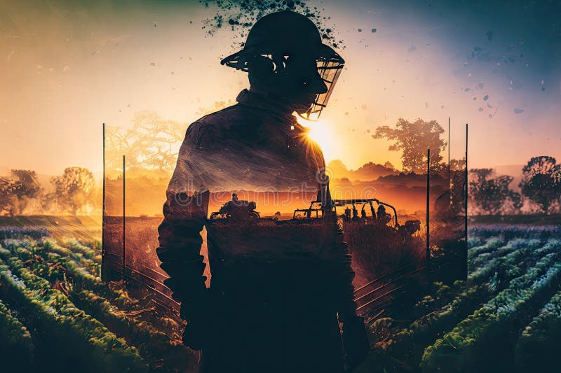 Double-exposure Image of a Farmworker Harvesting Crops with ...