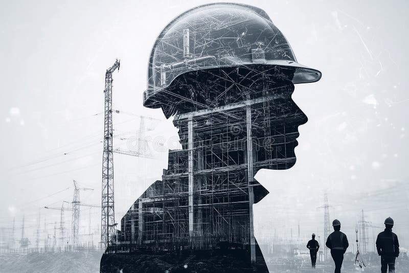 Double Exposure Image Featuring Construction Worker Silhouette with ...