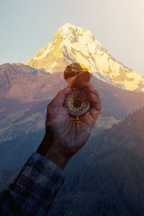Double Exposure Image of Hand Holds Compass Stock Photo - Image of lost ...