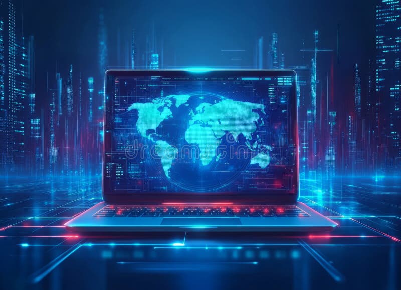 In a Double Exposure Image, a Laptop Screen Shows a Digital Globe ...