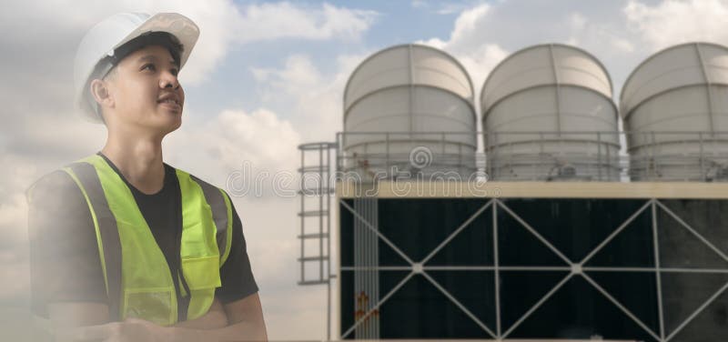 Double Exposure Image of Mechanical Engineer with Cooling Tower on ...