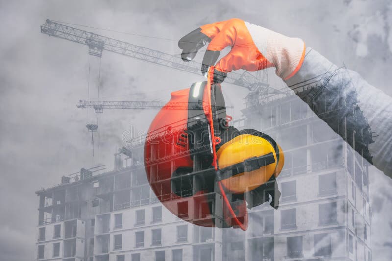 Double Exposure Image with Orange Helmet Against Construction Site with ...
