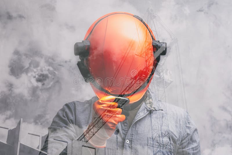 Double Exposure Image with Orange Helmet Against Construction Site with ...