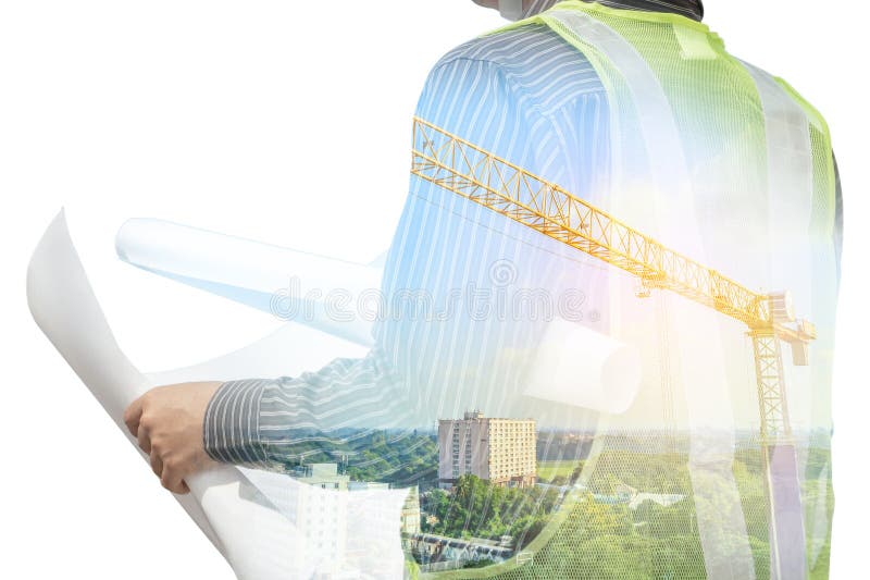 Double Exposure Image of Professional Engineer in Protective Helmet and ...