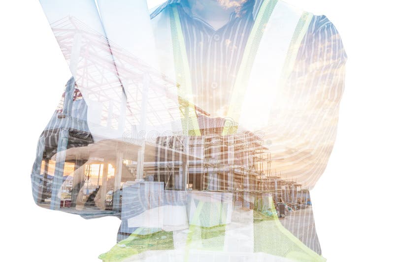 Double Exposure Image of Professional Engineer in Protective Helmet and ...