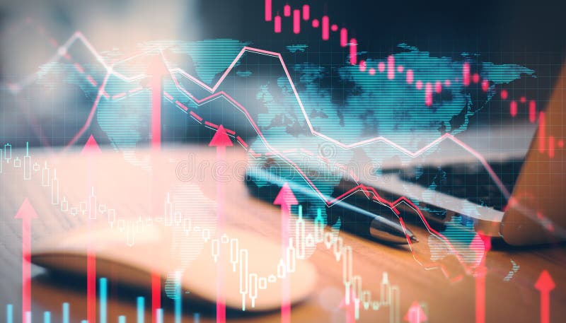 Double Exposure of Financial Data Charts and Global Trend Graphs on a ...