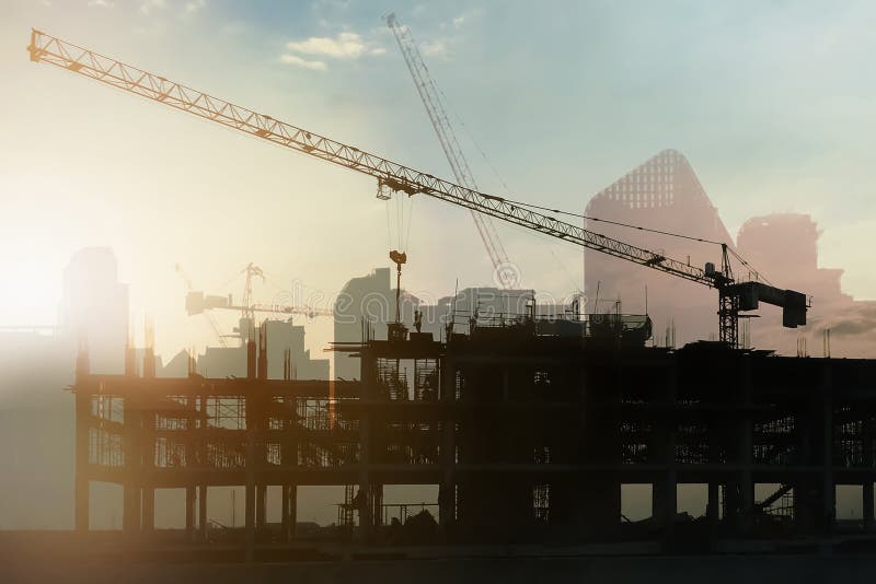 Double Exposure Image of Silhouette Building Construction Site with ...