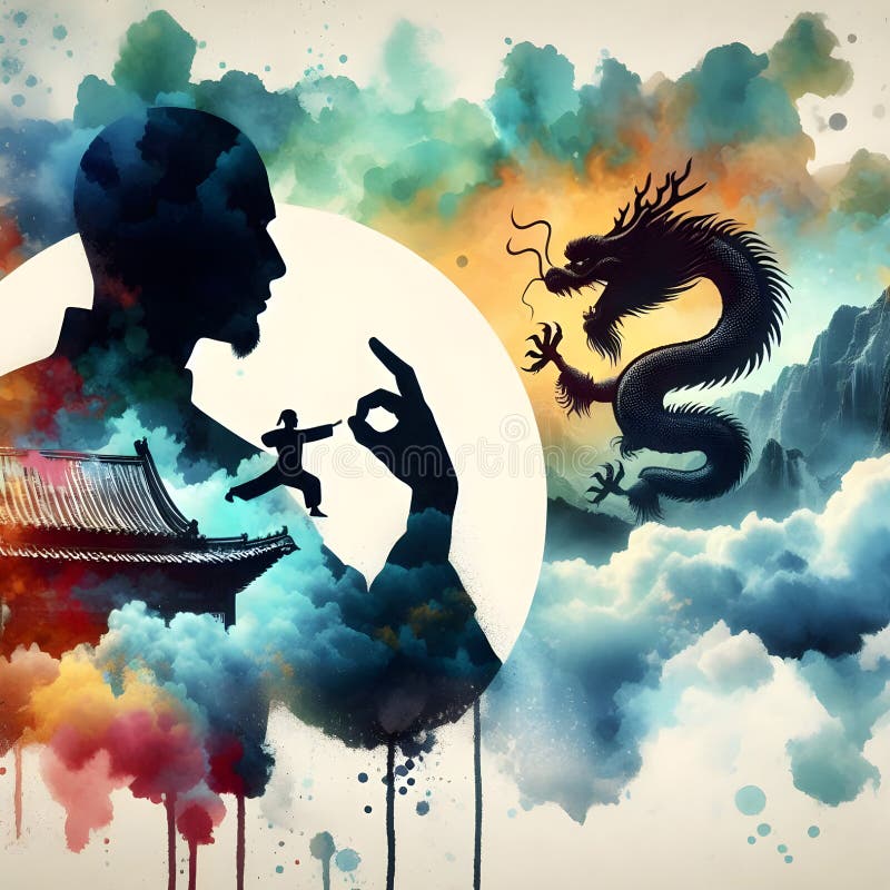 Double Exposure of Kungfu Guy, Blending with Cloud Texture, Dragon Form ...