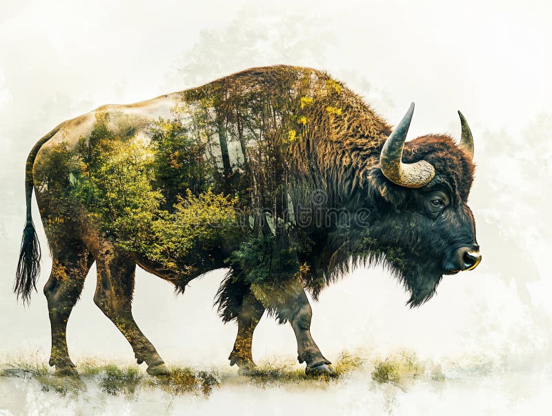 Double Exposure of Large Buffalo and Forest. Stock Illustration ...