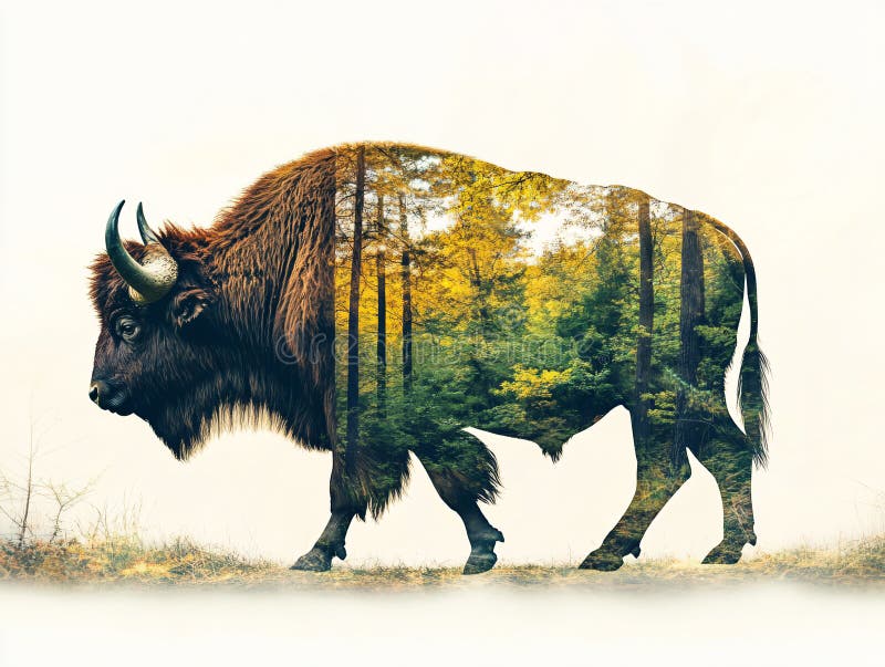Double Exposure of Large Buffalo and Forest. Stock Illustration ...