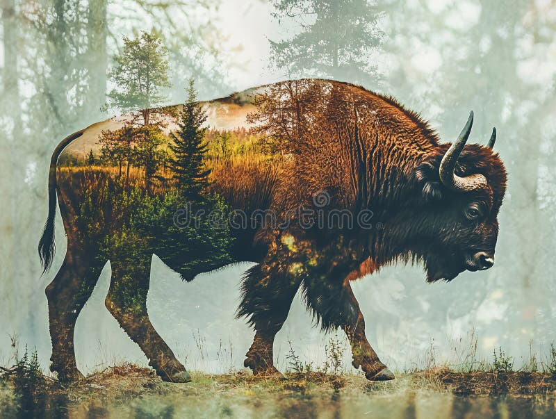 Double Exposure of Large Buffalo and Forest. Stock Illustration ...