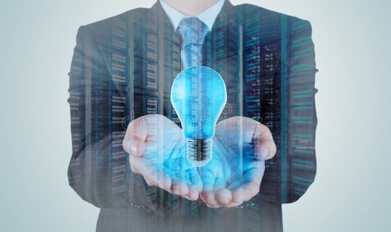 Double Exposure of Light Bulb in Businessman Hand Stock Illustration ...