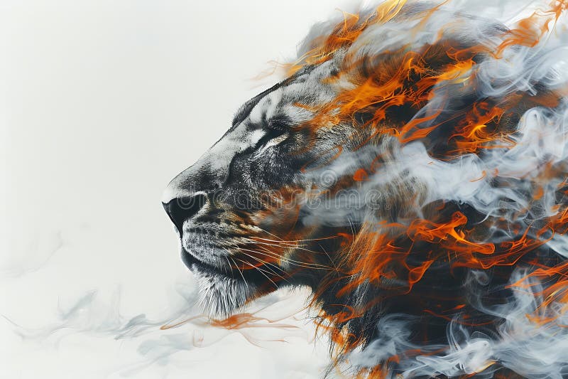 "Double Exposure Lion with Fire and Smoke: Graphic Design Masterpiece ...
