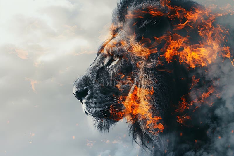 "Double Exposure Lion with Fire and Smoke: Graphic Design Masterpiece ...