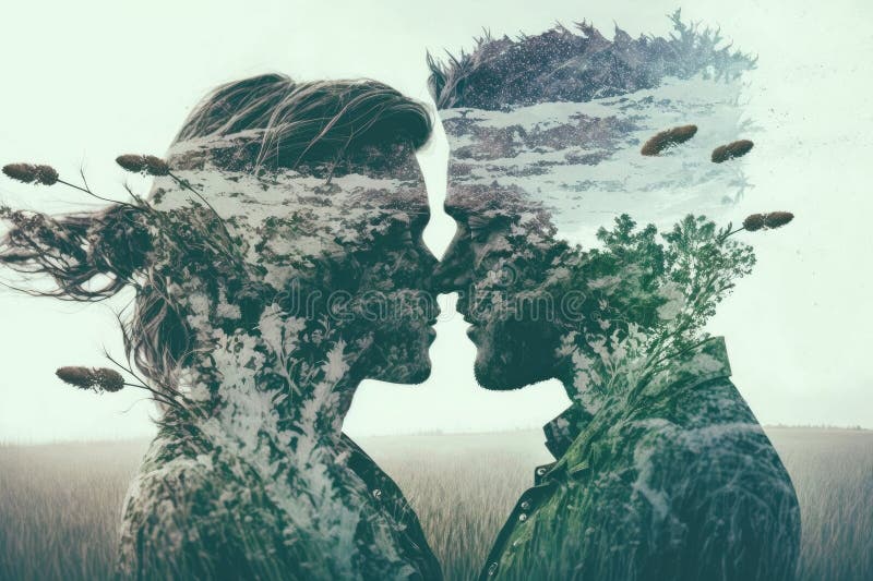 Double Exposure of Lovers Embracing in Field Romantic Declaration Stock ...