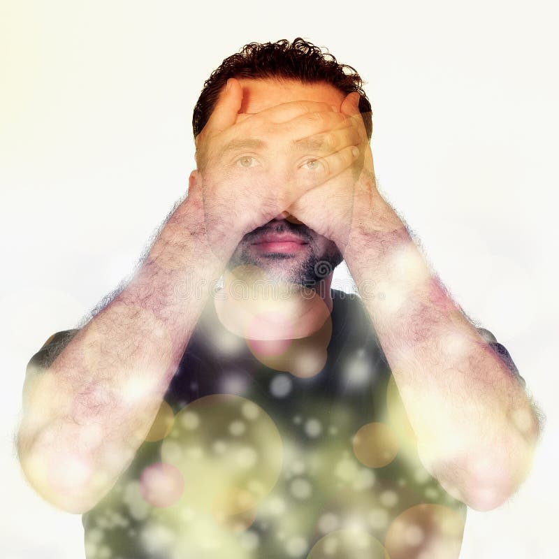 Double Exposure of Man Covering His Eyes Stock Photo - Image of concept ...