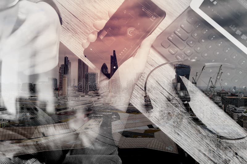 Double Exposure of Man Hand Using VOIP Headset with Digital Tablet ...