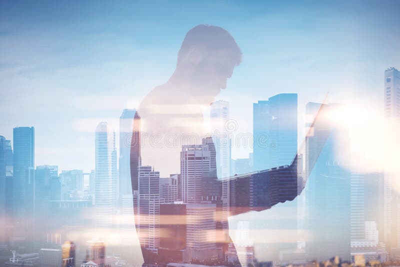 Double Exposure of City and Business Man with Light Effects Stock Photo ...
