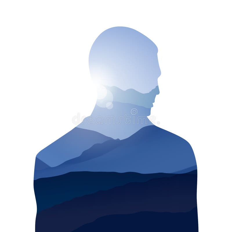 Double Exposure Man and Sky with Mountains Stock Illustration ...