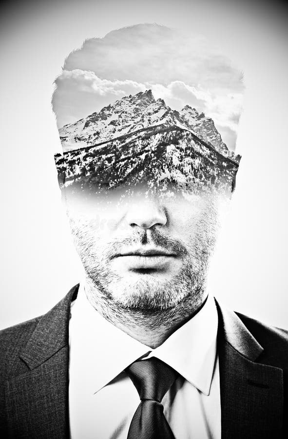Double Exposure with Man Thinking about Mountains Stock Image - Image ...