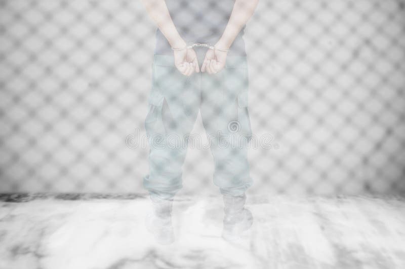 Double Exposure of of the Man Was Bound by Hand in the Handcuffe Stock ...