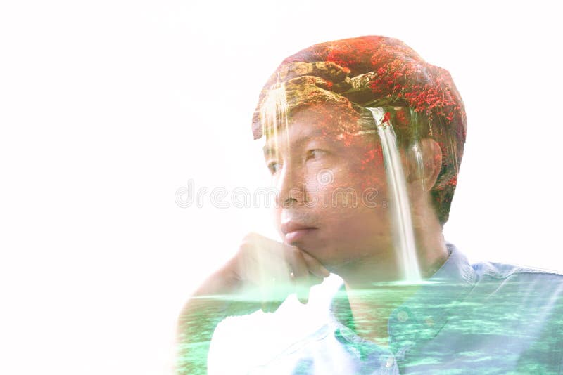 Double Exposure Man with Waterfall in Deep Forest Stock Image - Image ...