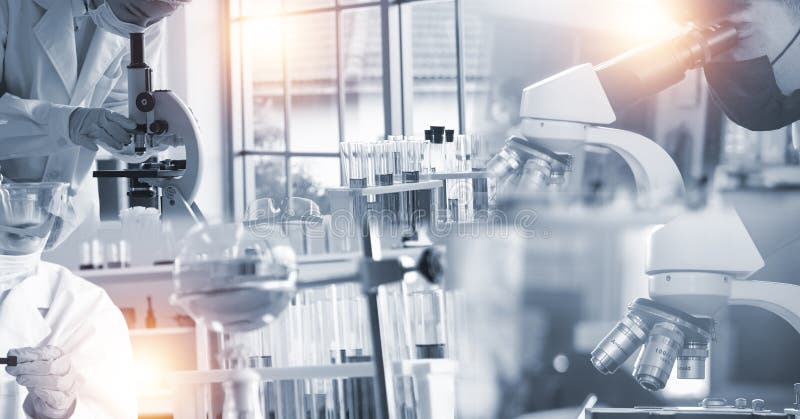 Double Exposure Microscope Young Woman Scientific Using Equipment in ...