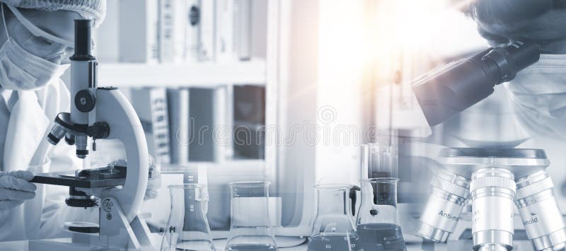 Double Exposure Microscope and Young Woman Scientific Using Equipment ...