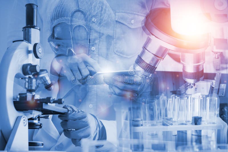 Double Exposure Microscope Young Woman Scientific Using Equipment in ...